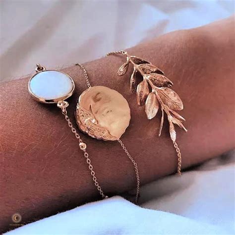 Stackable Bracelet Set Gold Coloured Disc And Leaf Souq2door