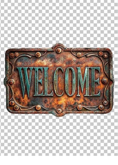 Premium Psd Welcome Rust Metal Sign Cute Two Rabbits Isolated On