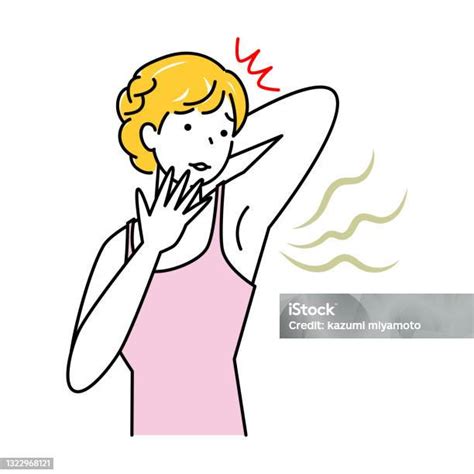 불쾌한 겨드랑이 냄새 에 대해 우려 하는 예쁜 여자에 대 한 관심 귀여운 여자 그림 간단합니다벡터 걱정하는에 대한 스톡 벡터