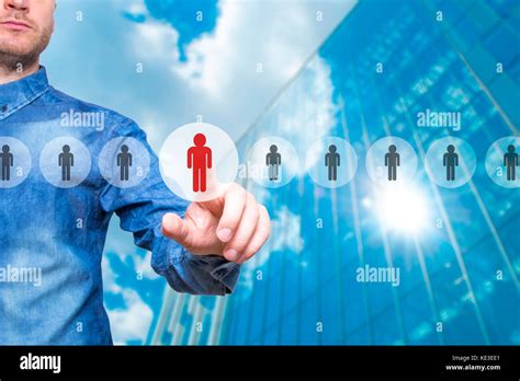 Man pressing button on virtual screens. Business, technology, internet, networking and ...