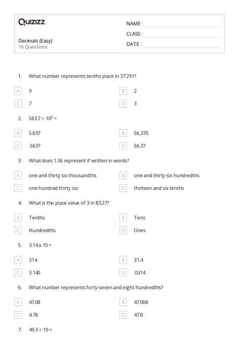 50 Decimals Worksheets For 3rd Grade On Quizizz Free Printable