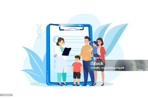 건강 관리 및 생명 보험 개념입니다 큰 클립보드 문서가 있는 의사와 가족 건강 검진 벡터 그림 의사에 대한 스톡 벡터 아트 및