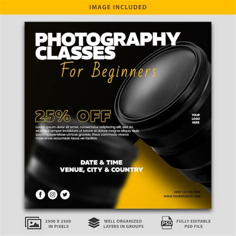 Premium Psd Photography Classes Modern Social Media Poster Psd Mockup