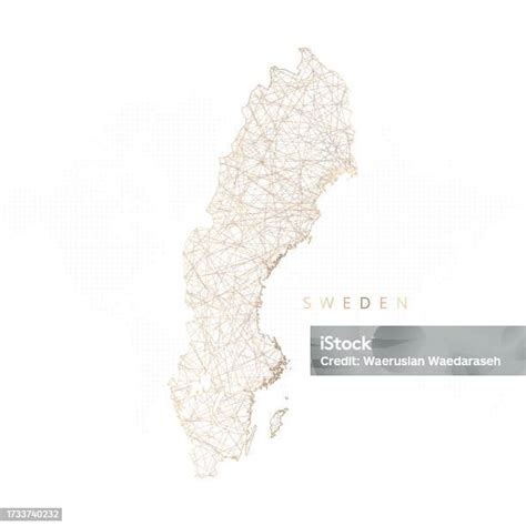 스웨덴의 로우 폴리 지도 금색 다각형 와이어프레임 흰색 배경에 금색 입자가 있는 반짝이는 벡터 0명에 대한 스톡 벡터 아트 및