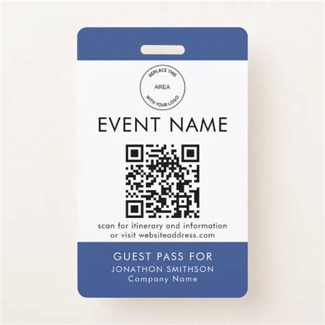 Event Logo Qr Code Guest Pass Name Blue White Badge Zazzle