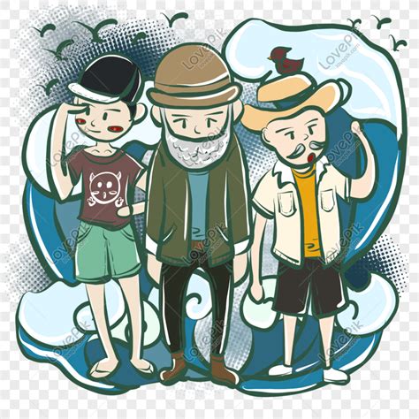 Hand Drawn Cartoon Sea Surf Journey Threesome Small Illustration Hand