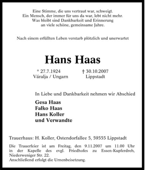 Traueranzeigen Von Hans Haas Trauer In NRW De
