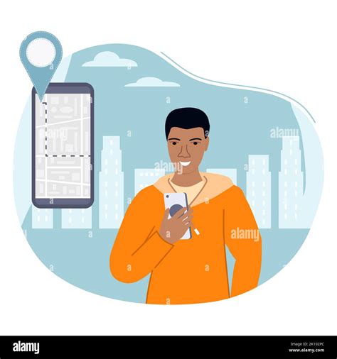 Vector Illustration Man Using Maps App On Cell Phone Male Trying To