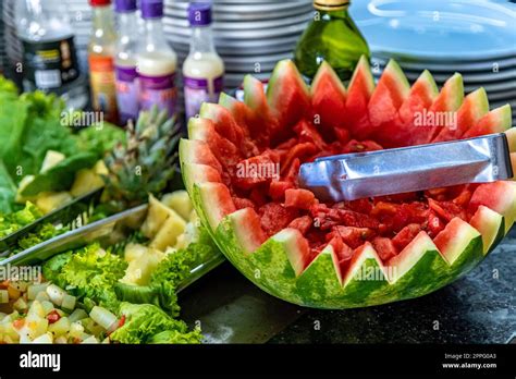 Red Watermelon And Fruit Salads On The Buffet Table Stock Photo Alamy