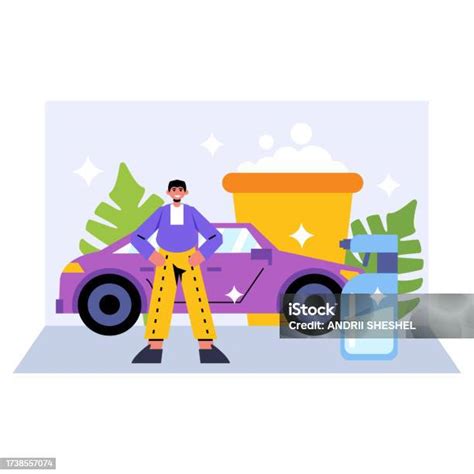 깨끗한 차 근처에 서 있는 만화 주인 자동차 청소 개념용 세제 가사 집안일에 대한 스톡 벡터 아트 및 기타 이미지 가사 집안일 고객 깨끗한 Istock