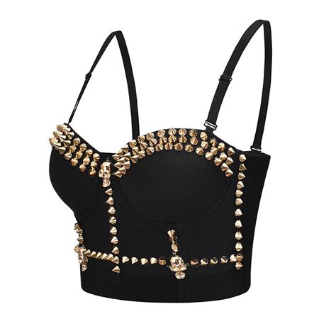Sexy Black Spaghetti Straps Rivet Skull Bustier Bra Corset Clubwear