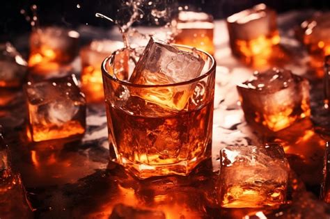 Premium Photo Frozen Ice Cubes In Whiskey Splash