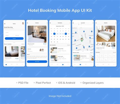 호텔 예약 모바일 앱 Ui 키트 프리미엄 Psd 파일