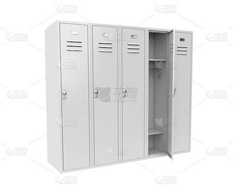 一排白色金属健身房储物柜一扇门开着3 d渲染图