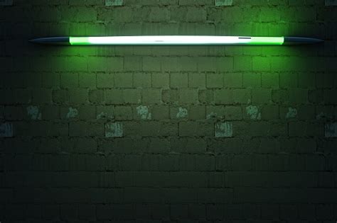 긴 길쭉한 네온 벽 램프 벽 램프에서 녹색 조명 3d 사실적인 매달려 벽 램프 절연 벽돌 벽 인테리어 디자인 가정의 방에 대한 스톡 사진 및 기타 이미지 Istock