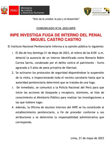 Inpe Sentenciado Por Hurto Fuga Del Penal Miguel Castro Castro Y Se