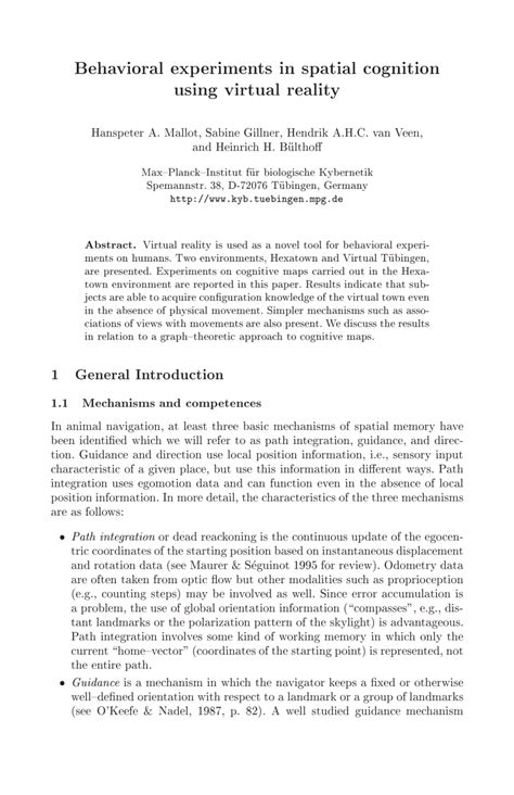 Pdf Behavioral Experiments In Spatial Cognition Using Virtual Reality