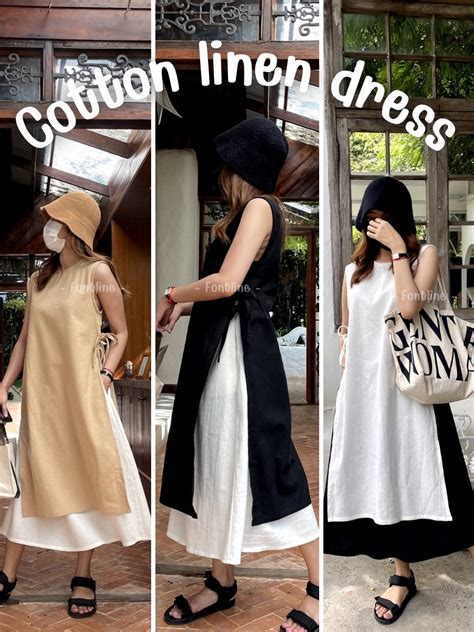 สินค้าพร้อมส่ง เดรสแขนกุดผูกเชือกด้านข้าง เดรสผ้าฝ้ายลินิน ทรงเกาหลี