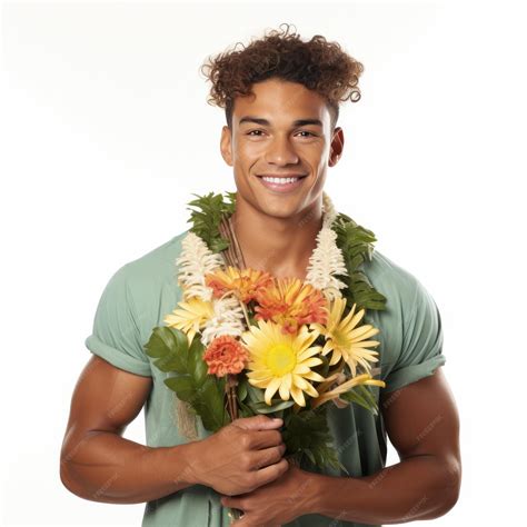 Premium Photo Young Hawaian Man With Flowers Bouquet Isolated