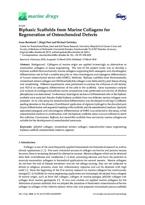 Pdf Biphasic Scaffolds From Marine Collagens For Regeneration Of