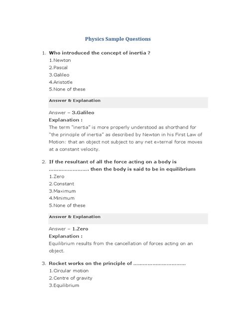 Physics Sample Questions Pdf Inertia Force