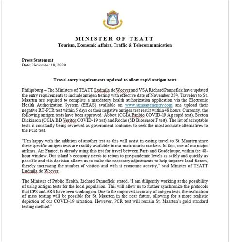 Travel Entry Requirements Updated In St Maarten To Allow Rapid Antigen