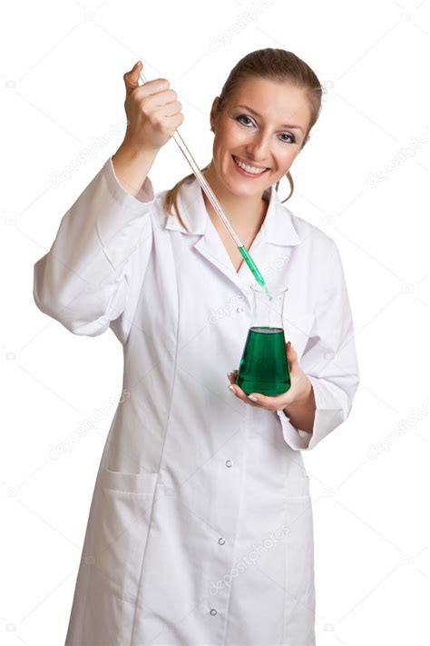 Isolated Scientist Woman In Lab Coat With Chemical Glassware Stock