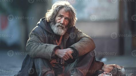 A Homeless Beggar Man Sitting Outdoors In City Asking For Money