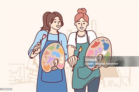 두 명의 여성 예술가가 이젤을 들고 작업실에 서서 붓과 팔레트를 들고 작품을 만듭니다 개념에 대한 스톡 벡터 아트 및 기타