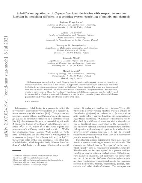Pdf Subdiffusion Equation With Caputo Fractional Derivative With Respect To Another Function