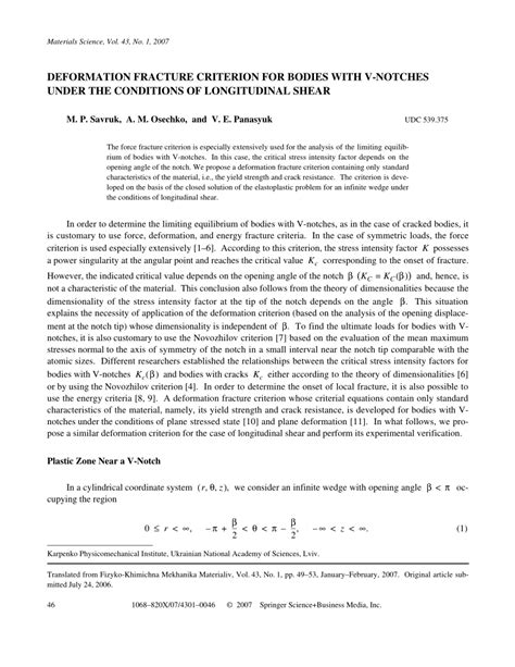 Pdf Deformation Fracture Criterion For Bodies With V Notches Under The Conditions Of
