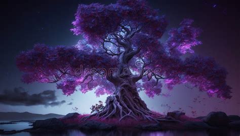 A Tree With Purple Leaves On A Island In The Middle Of Water Stock Illustration Illustration