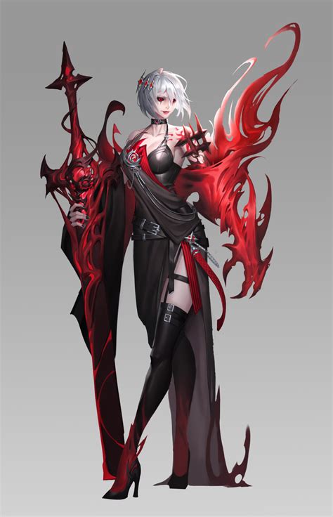 A Woman With White Hair And Black Clothes Holding A Red Demon Like