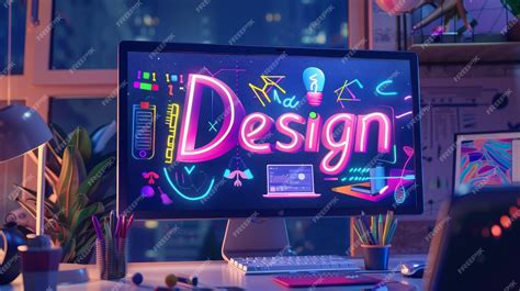 A Vibrant Workspace Featuring A Computer Screen With Colorful Design Elements Premium Ai