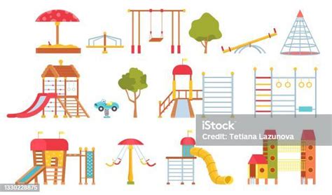 놀이터 장비 키즈 파크 슬라이드 스윙 및 게임 모듈슬라이드 벽과 모래를 등반 플랫 아웃도어 플레이 영역 벡터 세트 미끄러짐에