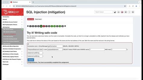 Webgoat A3 Sql Injection Mitigation Youtube Webgoat A3 Sql Injection Mitigation Youtube