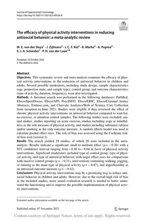 Pdf The Efficacy Of Physical Activity Interventions In Reducing Antisocial Behavior A Meta