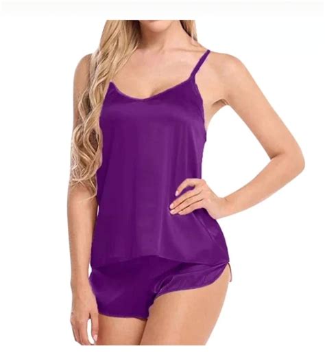 Women Pajamas V Neck Nightwear Sleeveless Vest Lingerie Set Silk Satin