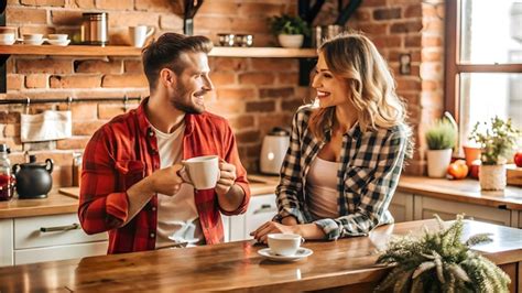Una Pareja Disfruta Del Café Juntos En Una Mesa De Cocina Rústica Como