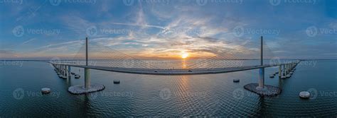 Drone Panorama Of Sunshine Skyway Bridge Over Tampa Bay At Sunset