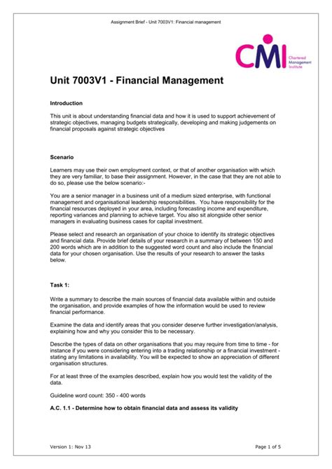 Assignment Brief Unit 7003v1 Financial Management Version 1