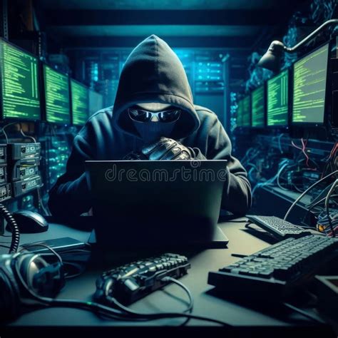 Hacker In Hood Stealing Data From Server Room Cybercrime Concept