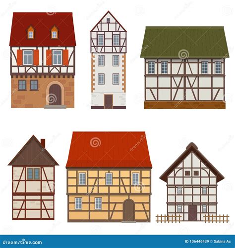 Set Of Traditional Facades Of A Half Timbered Medieval Houses On Stock