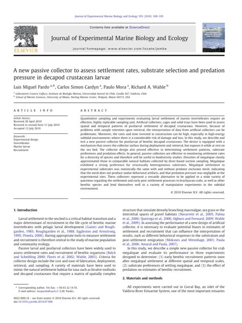 Pardo Et Al A New Passive Collector To Assess Settlement Rates Substrate Selection And