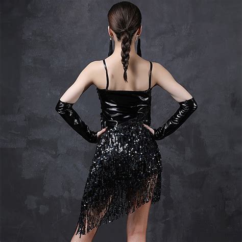 Latin Dance Exotic Dancewear Dress Glitter Tassel Ruching Womens