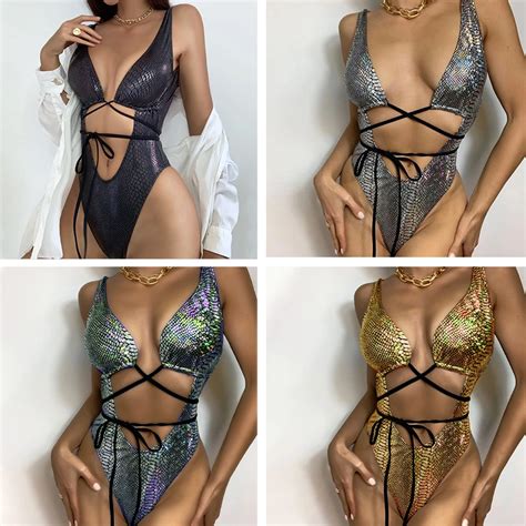 Sexy Women Pu Faux Leather One Piece Swimwear Bodysuit Thong Swimsuit
