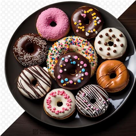 Premium Psd Various Flavored And Multicolored Donuts On A White Plate