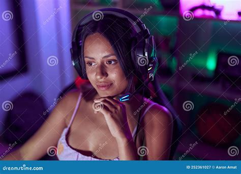 Young Hispanic Woman Streamer Playing Video Game At Gaming Room Stock Image Image Of Stream