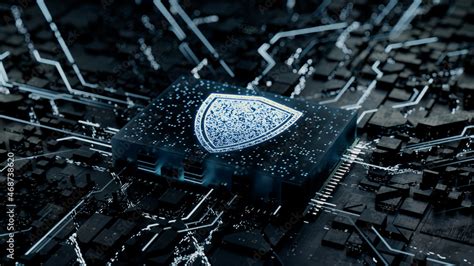 Security Technology Concept With Shield Symbol On A Microchip Data Flows From The Cpu Across A