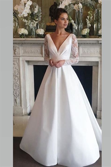 Deep V Neckline Satin Wedding Gown With Sheer Lace Sleeves On Storenvy
